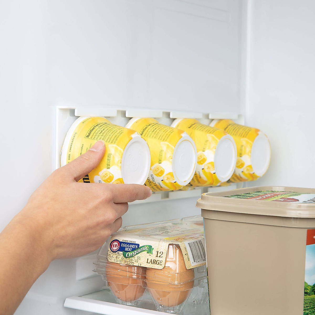 Yogurt Fridge Organizer - Holds up to 4 Wide-Mouth Vegan and Greek Yogurt Cups Each - Peel and Stick Slider Shelf for Small Refrigerator Spaces