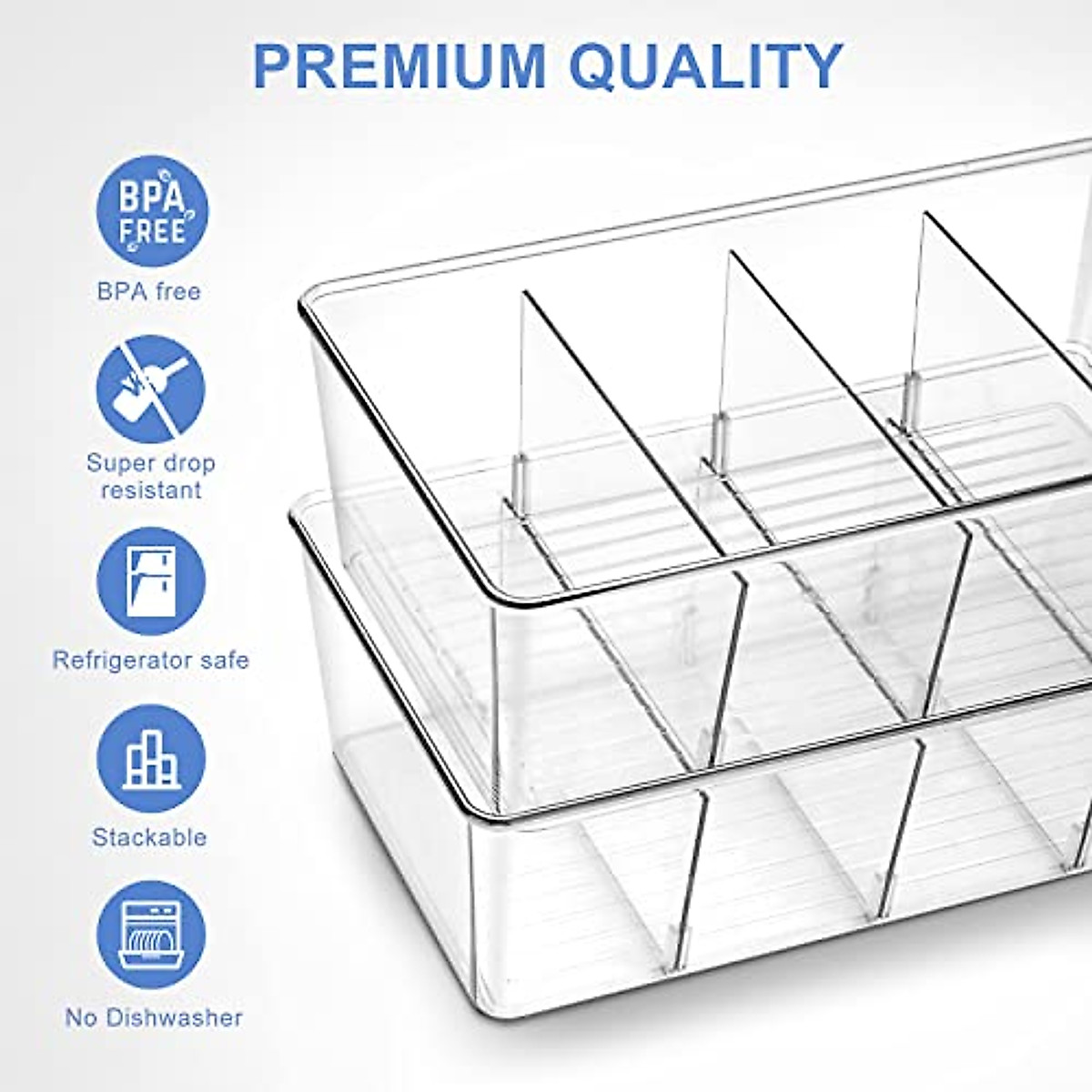 Food Storage Organizer Bins with Dividers, Clear Plastic Storage Bins for Packets, Snacks, Pouches, Spice Packets, Stackable Fridge Organizers for Pantry, Kitchen, Cabinet Organization and Storage
