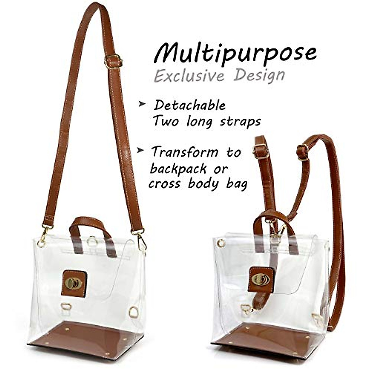 HOXIS Multifunction Clear Backpack for Stadium Approved Convertible Women Cross Body Bag (Brown)