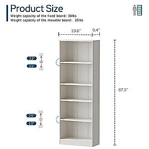 VICLLAX 5-Shelf Wooden Bookcase, 67.3" Height- Adjustable Open Bookshelf for Home Office, White Standing Display Book Shelf