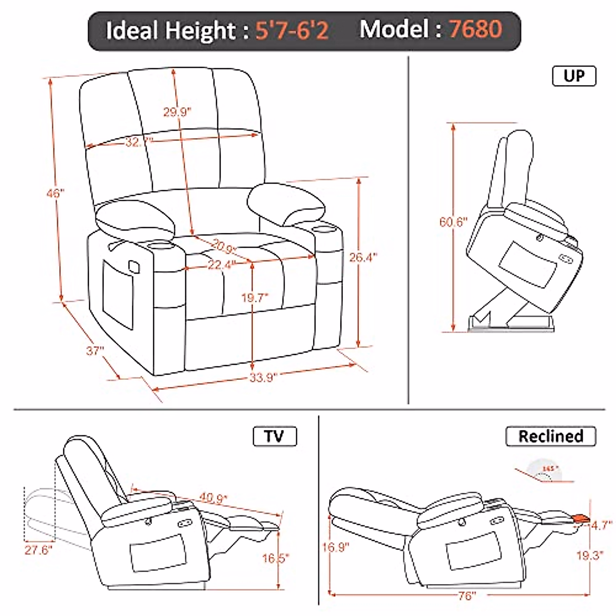 MCombo Large Dual Motor Power Lift Recliner Chair with Massage and Heat for Elderly Big and Tall People, Infinite Position, Extended Footrest, Faux Leather 7680 (Cream White, Large)