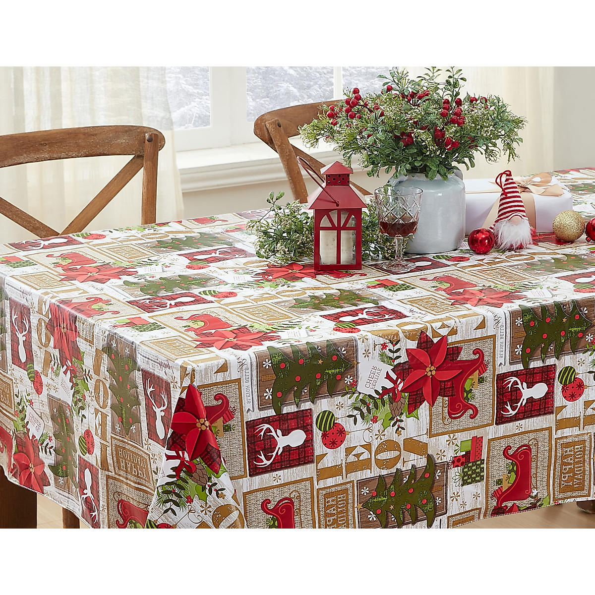 Newbridge Ivory Sleigh Bells Ring Country Rustic Vinyl Flannel Back Vinyl Christmas Tablecloth, Moose Antlers, Sleighs and Festive Xmas Wipe Clean Tablecloth, 60 Inch x 84 Inch Oblong/Rectangle