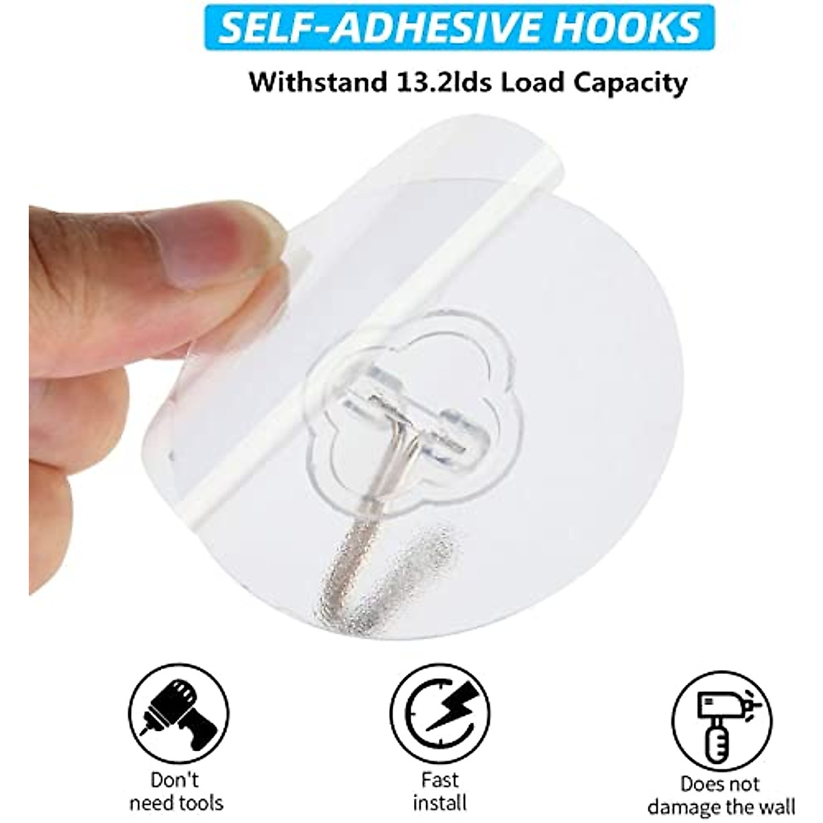 Menihor Wall Hooks, Adhesive Hooks 24 Pack Wall Hook, Heavy Duty 13.2lb(Max) Damage Free Seamless Hooks Oilproof & Waterproof Bath Kitchen Towel Utility Hooks, Clear