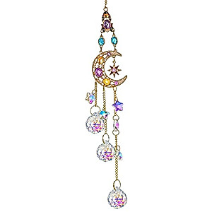Handmade Crystal Moon&Star Prisms Suncatchers, Glass Window Hanging Ornament, Rainbow Rhinestones Decor for Home Garden