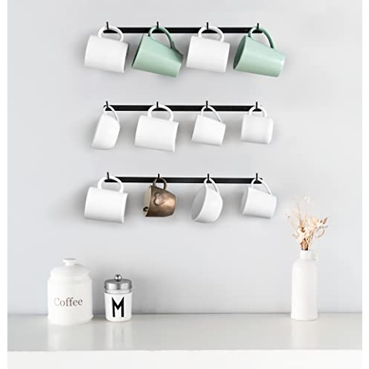 Dahey Mug Holder Metal Coffee Mug Rack Wall Mounted with 12 Mug Hooks, Set of 3, Mug Display Rack Cup Holder Storage for Kitchen Dining Room Coffee Bar, Black