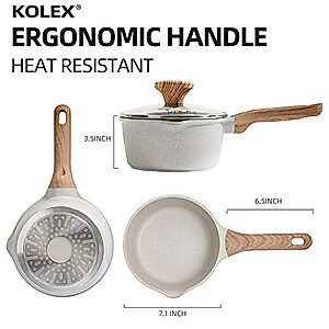 KOLEX 2 Quart Nonstick Sauce Pan With Lid, Nonstick Granite Saucepan for All Stove Top, Sauce Pan Small Soup Pot Milk Pan with Pour Spouts, PFOA Free, Induction Competiable (White Granite, 2 Qt)