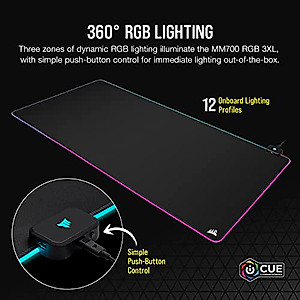 Corsair MM700 RGB Extended 3XL Cloth Gaming Mouse Pad/Desk Mat - Massive 1,220mm x 610mm (48” x 24”) Cloth Surface, 360° Three-Zone RGB Lighting, Two USB Ports - Black
