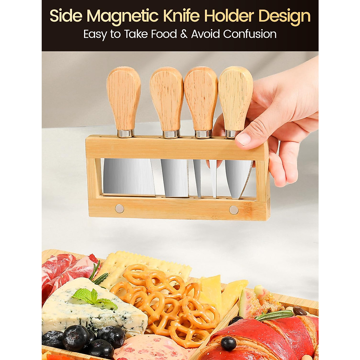 Charcuterie Boards Gift Set, Chezerra Bamboo Cheese Board Set, Folding Cheese Board with Handle, Cheese Knife Set - Unique White Elephant, House Warming, Wedding Gift, Portable Outdoor Cheese Plate