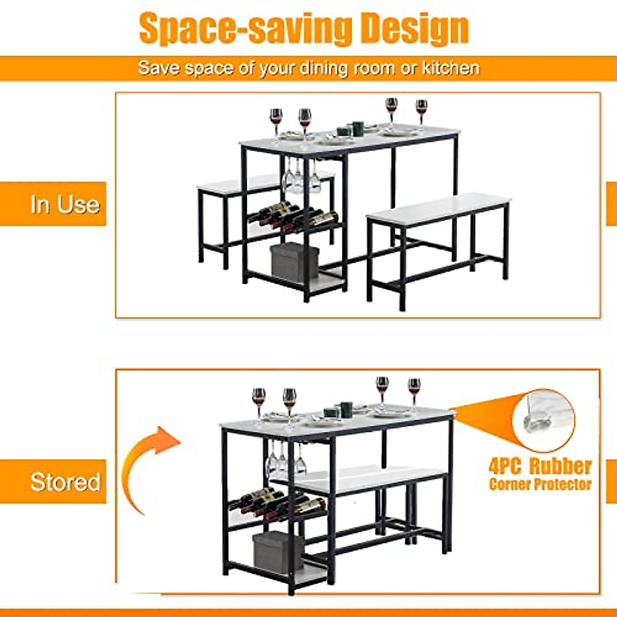 Vmobili Dining Table Set for 4,3 Piece Kitchen Table and Chairs Set with 2 Benches, Breakfast Nook Table Set, Dining Table with Wine Rack and Storage Shelf Small Metal Frame Kitchen Table