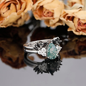 IRROYA 6x9mm Natural Pear Cut Moss Agate Bridal Ring Set,Cluster Genuine Moissanite Engagement Ring,V Shaped Open Ring Band, Sterling Silver Platinum, moss agate