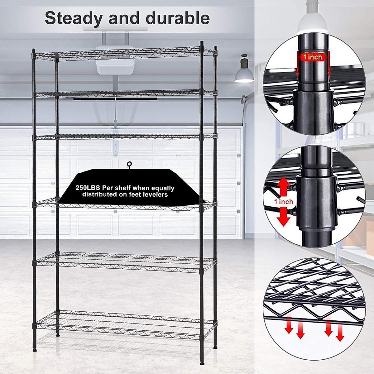 6 Tier Wire Shelving Unit Wire Shelves, NSF Heavy Duty Height Adjustable Storage Wire Shelf Shelving Rack with Feet Leveler Garage Rack Kitchen Rack Office Rack Commercial Shelving (Black 42x16x72)