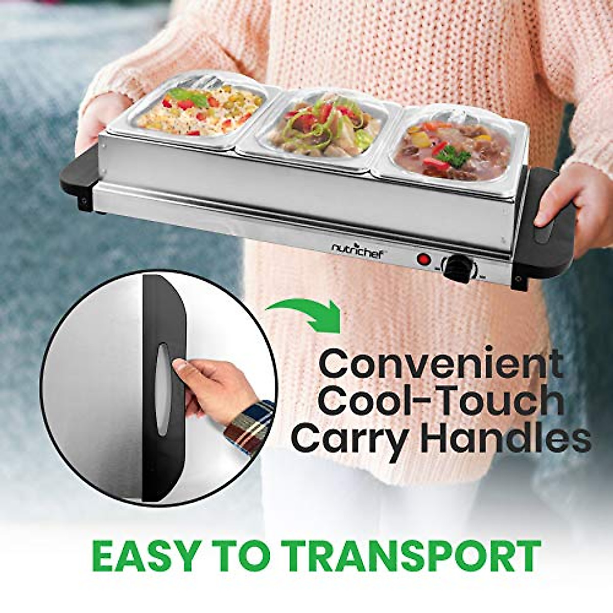 NutriChef 3 Buffet Warmer Server Professional Hot Plate Food Warmer Station , Easy Clean Stainless Steel , Portable & Great for Parties Holiday & Events Max Temp 175F
