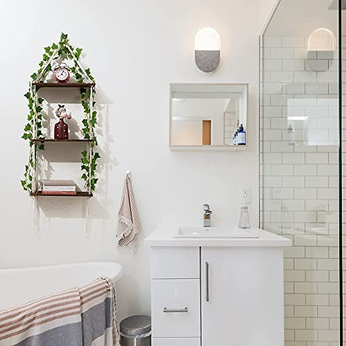 MI X TEE 3 Tier Wall Hanging Shelves with Artificial Ivy Leaves, Wooden Hanging Storage Floating Shelves for Small Plants, Macrame Shelves, Boho Room Decor Handmade Cotton Rope,Living Room Bedroom