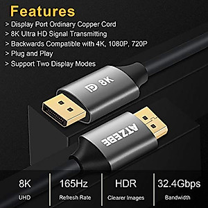 ATZEBE DisplayPort to DisplayPort Cable 10ft, DisplayPort 1.4 Cable Support 7680x4320 Resolution, 8K@60Hz, 4K@144Hz, High Speed 32.4Gbps, HBR3, DSC, HDR10, HDCP2.2 for Gaming PC, Laptop, Monitor