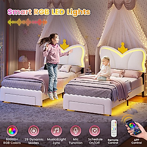 VIAGDO Twin Bed Frames with LED Lights and Storage Drawer, Upholstered Bed Frame Twin Size with Height Adjustable Crown Headboard, Type C and USB Charging Ports, No Box Spring Needed, White