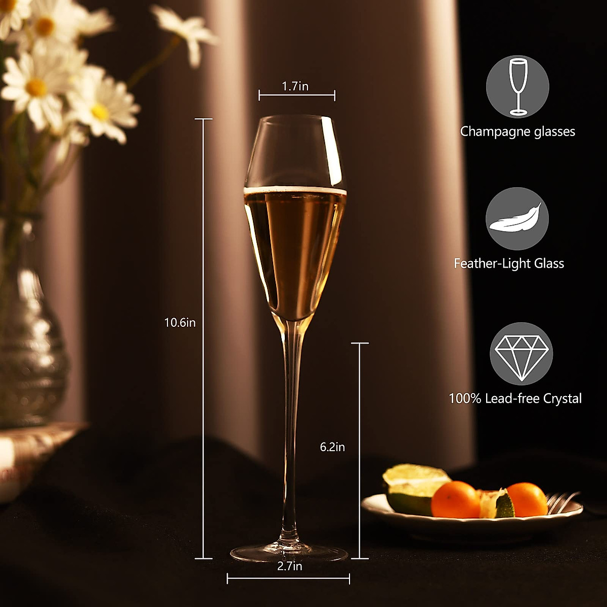 BINGKOU Crystal Champagne Flutes Glass - 9 oz Hand Blown Tulip Champagne Glasses Set of 4 Elegant Italian Style Long Stem - Gift for Wedding, Anniversary, Mother's Day