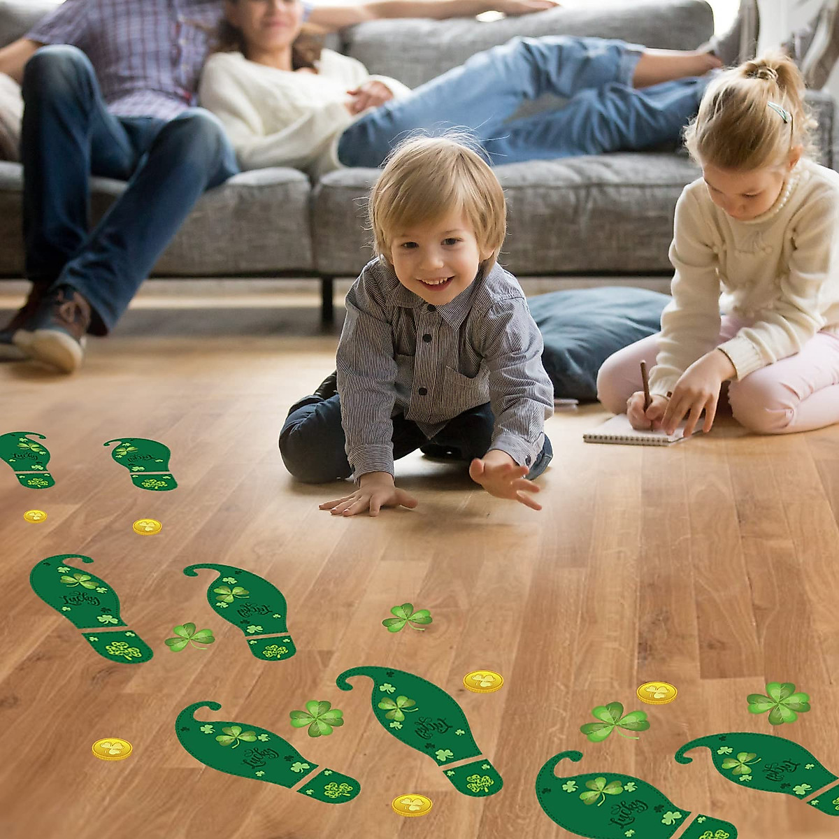 St. Patrick's Day Decorations Leprechaun Footprints Floor Decals Stickers, 10 Sheets 108 pcs Self-Adhesive Shamrock Gold Coin Stickers Party Supplies for Kids School Home Office.