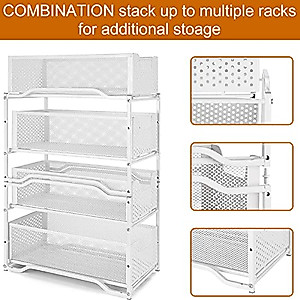 2 Pack Stackable 2-Tier Metal Under Sink Cabinet Organizer with Sliding Storage Drawers with Hooks and LED Strip Lights,White
