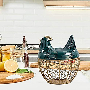 Egg Basket Metal Wire Fruit Basket with Chicken Shape Lid Ceramic Egg Holder, Holds 30 Eggs