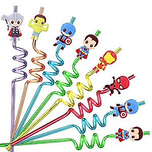 24 Superhero Party Favors Reusable Drinking Straws with Cartoon Decorations Great for Super Hero Birthday Party Supplies with 2 Cleaning Brush
