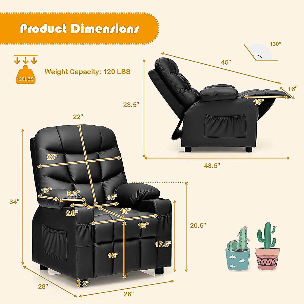 GLACER Kids Recliner Chair w/Cup Holder& Side Pockets, Children Recliner w/Comfortable Backrest, Armrests & Footrest, Toddler PU Leather Recliner for Boys Girls, 3+ Age Group, Black