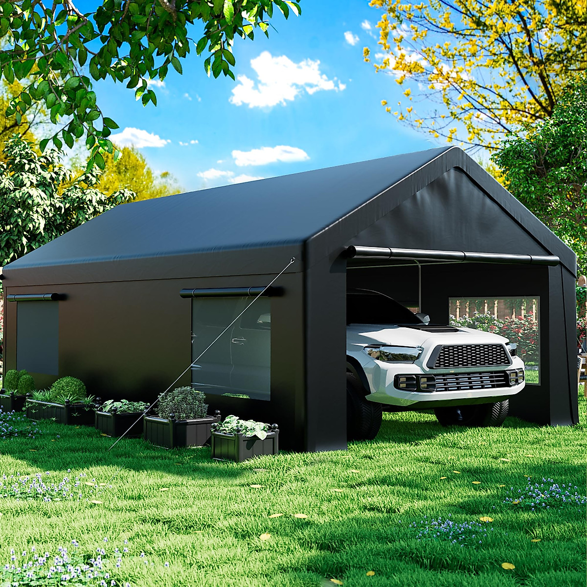 AirWire Carport 12' x 20' Heavy Duty Portable Garage, Carport Canopy with Side-Opening Door & Roll-Up Windows, Car Canopy Reinforced Four-Hole Base for Car, Truck, Boat, Party, Black