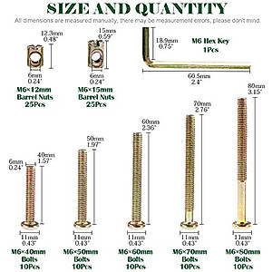 Keadic 185Pcs M6 20/30/40/50/60/70/80mm Baby Bed Screws Hardware Replacement Kit, Hex Socket Head Cap Screws Nuts for Furniture Cots Beds Crib, 1 Hex Key for Free