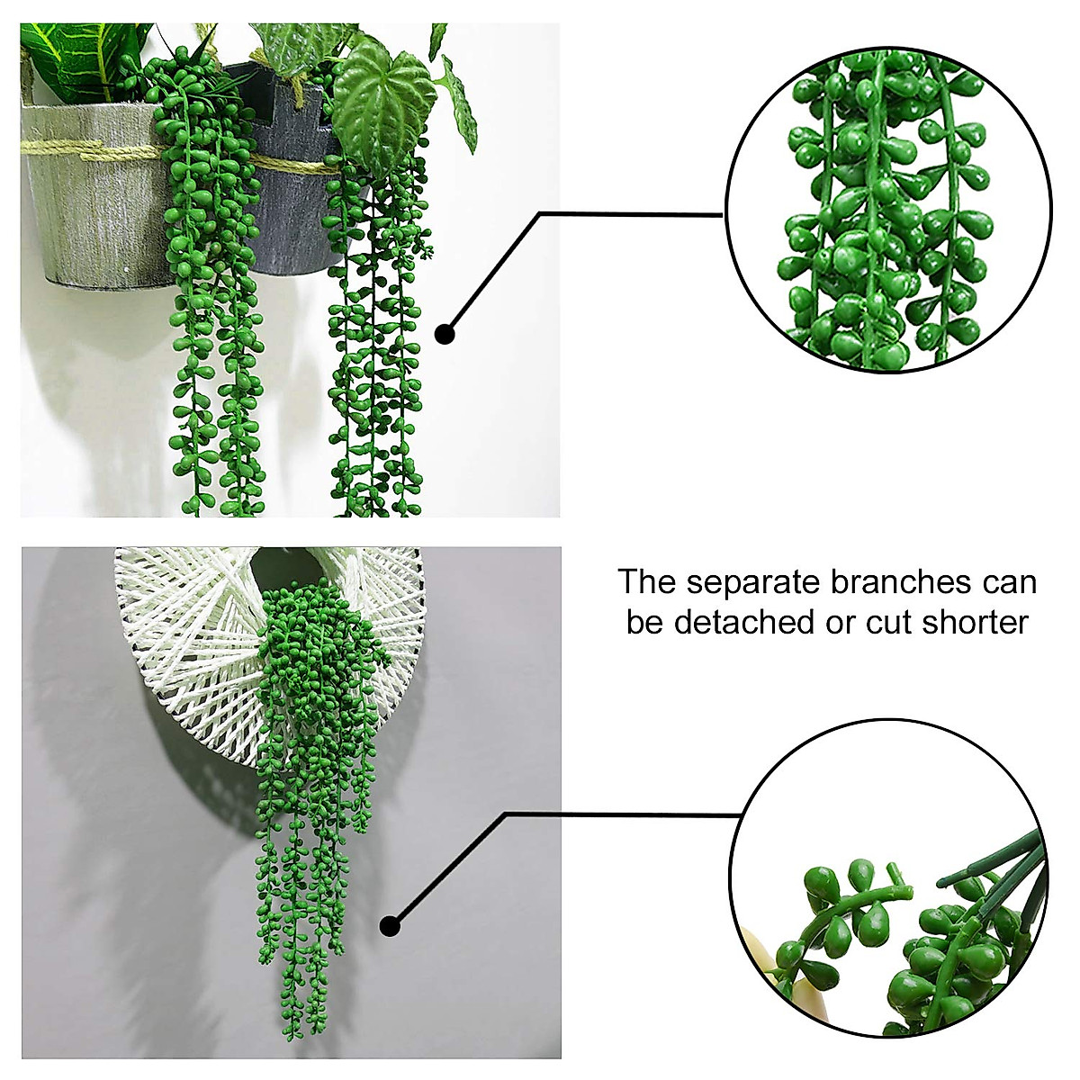 4PCS Artificial String of Pearls Succulent, Fake Hanging Vine Plant for Wedding Party Home Garden Wall Decor, Faux Donkeys Tail Sedum Morganianum Burro Trailing Succulent, Lover Tears Basketplant