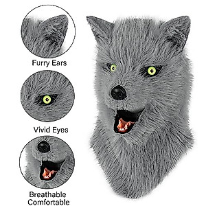 hbbhml Animal Dog Head Mask Realistic Furry Plush Tail Claw Gloves Full Wolf Masks for Halloween Party Carnival Cosplay Gray