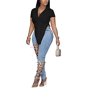 LYANER Women's V-Neck Collar Short Sleeve Slit Hem Button Front Long Shirt Blouse Top Solid Black XXX-Large