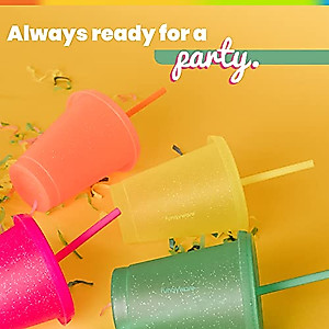 Kids Tumblers with Lids and Straws - 5 Reusable Cups with Lids and Straws, 16oz Glitter Tumbler Cute Cups for Kids in Rainbow Colors, Reusable Plastic Tumblers Cups with Lids and Straws for Smoothie