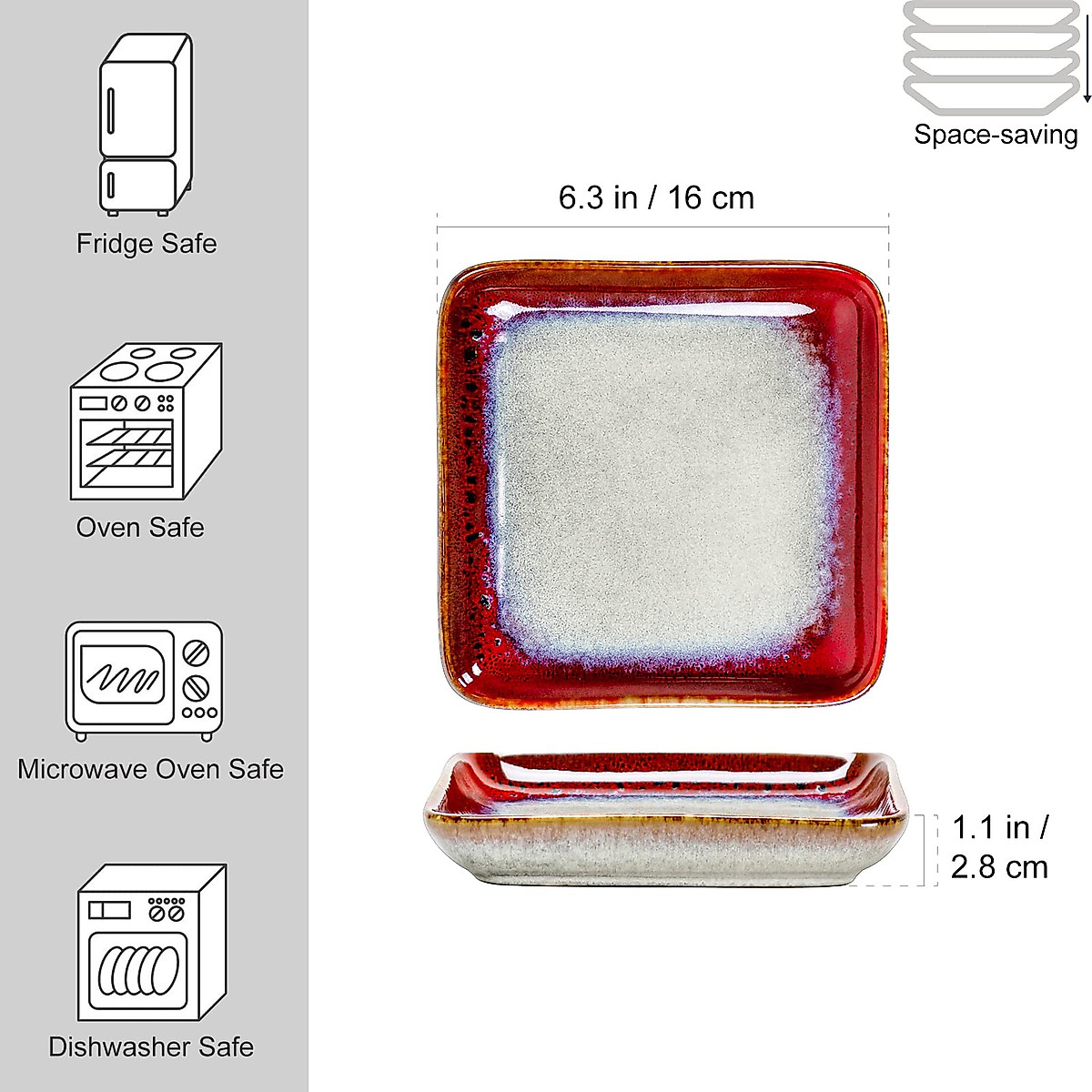 Ceramic Square Plate Sets - Dessert, Appetizer, Snack, Small Dinner Plate Scratch Resistant, Porcelain Serving Side Dish 6.3 Inch Microwave & Oven, Dishwasher Safe - Set of 4, Reactive Red
