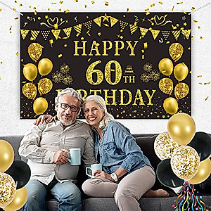 Trgowaul 60th Birthday Backdrop Gold and Black 5.9 X 3.6 Fts Happy Birthday Party Decorations Banner for Women Men Photography Supplies Background Happy Birthday Decoration