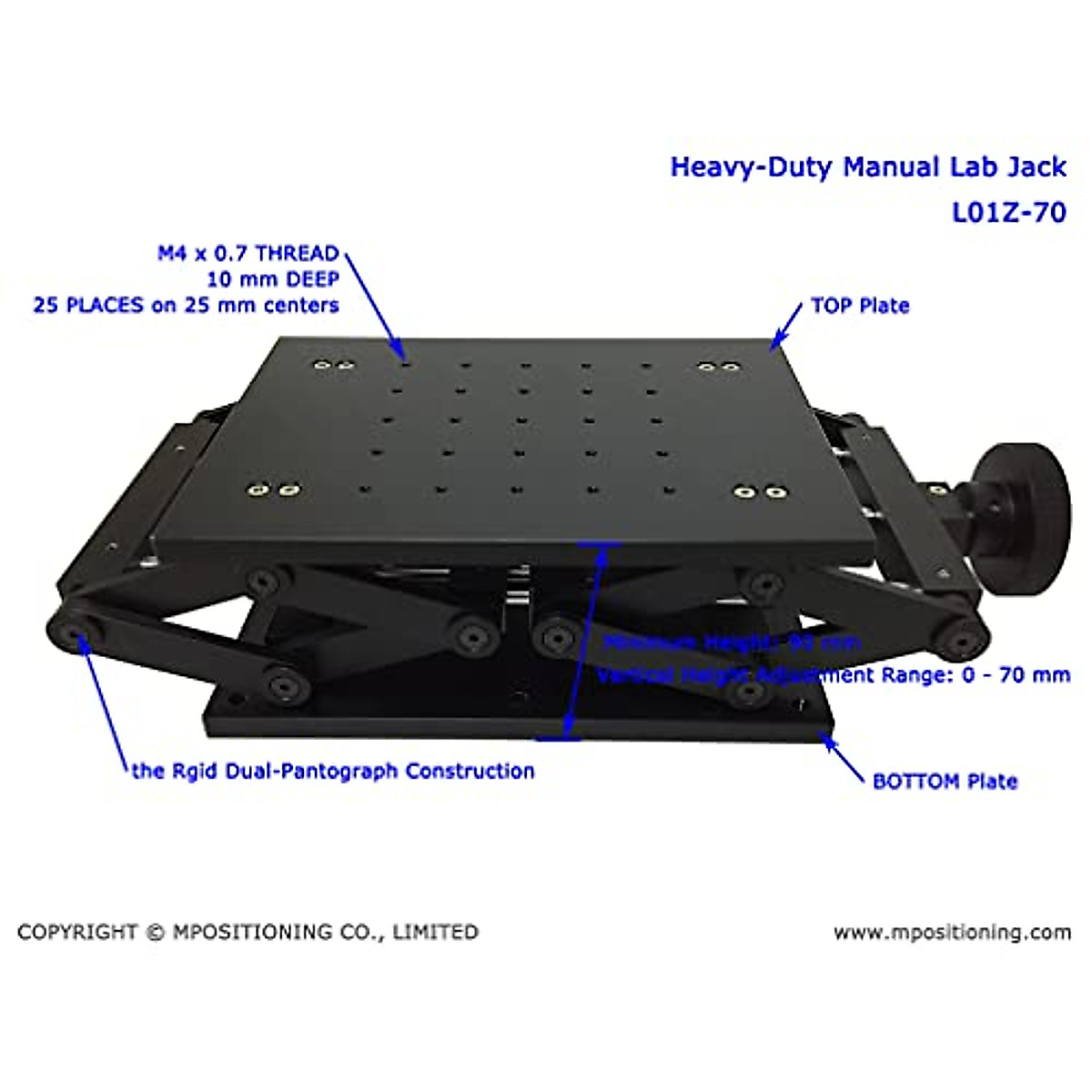 Lab Scissors Jack, MPositioning L01Z-70 Aluminum Laboratory Jack Lift Table 160 x 220 Platform Size, Smooth Motion in 70 mm Z Axia, Support Loading 30kg