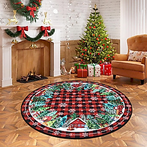 HEBE 4Ft Round Christmas Area Rug Non Slip Farmhouse Round Rug for Living Room Washable Soft Circle Rugs for Bedroom Christmas Round Floor Carpet for Dining Room Xmas Holiday Decor