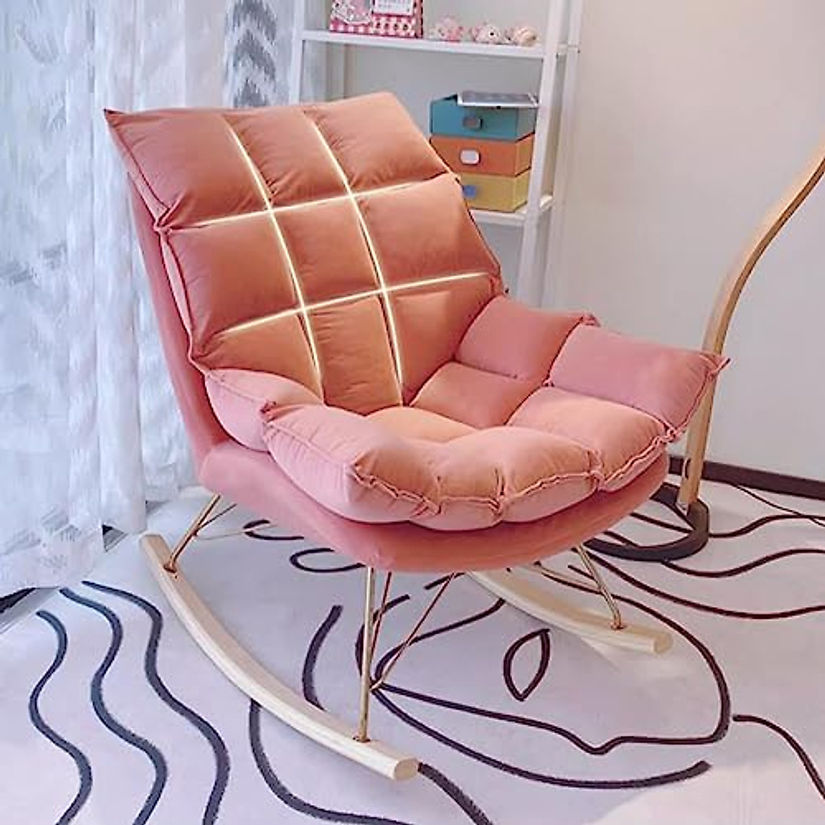 YCZHD Rocking Upholstered Rocker Glider Padded Seat with High Backrest Armchair Comfy Side Chair High-Density Sponge Lounge Chair for Living Room Bedroom Indoor and Outdoor(Color:Pink)