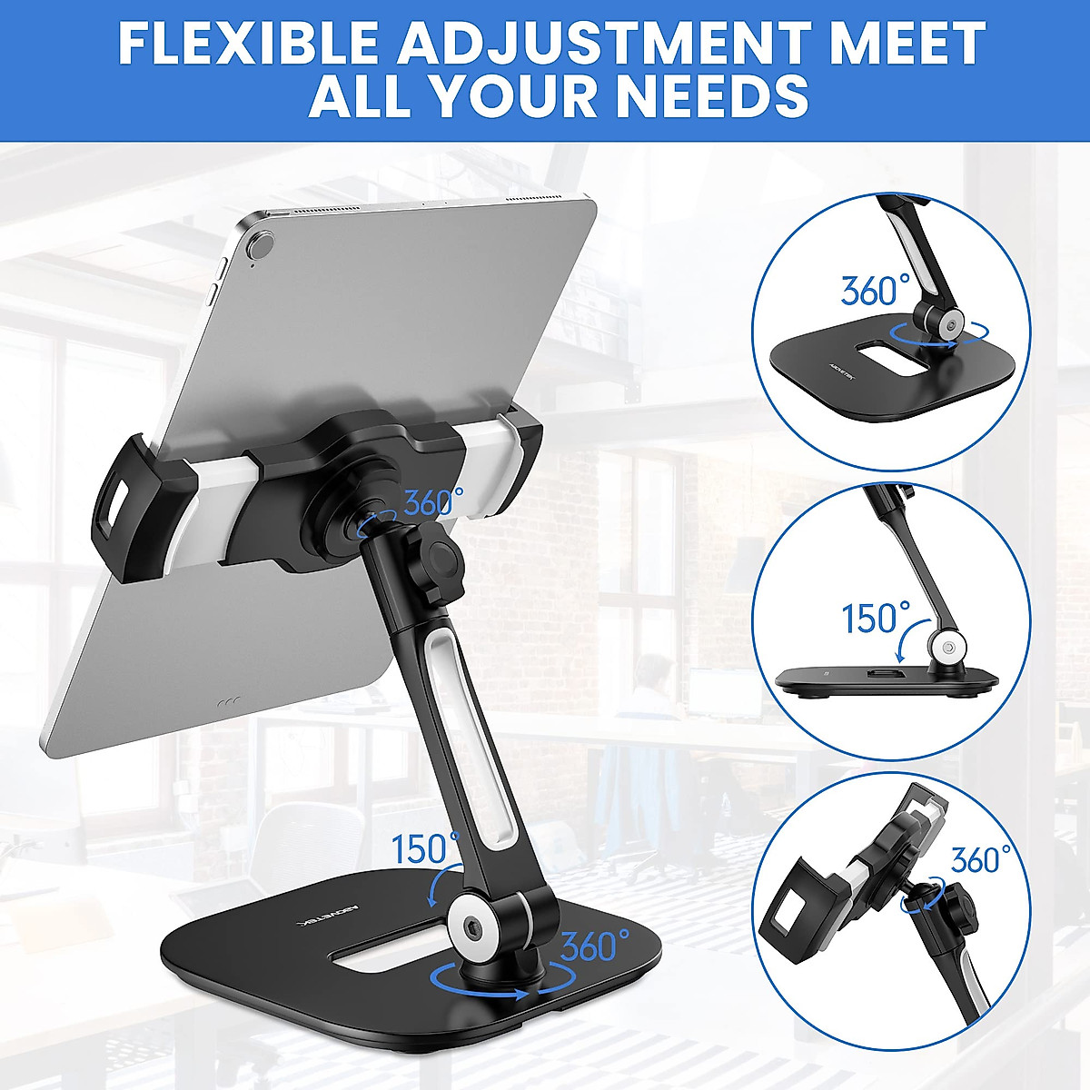 AboveTEK Aluminum iPad Stand, Foldable 360 Swivel Tablet Stand for Kitchen, Bedside, Office, POS, Showroom, Reception, Black
