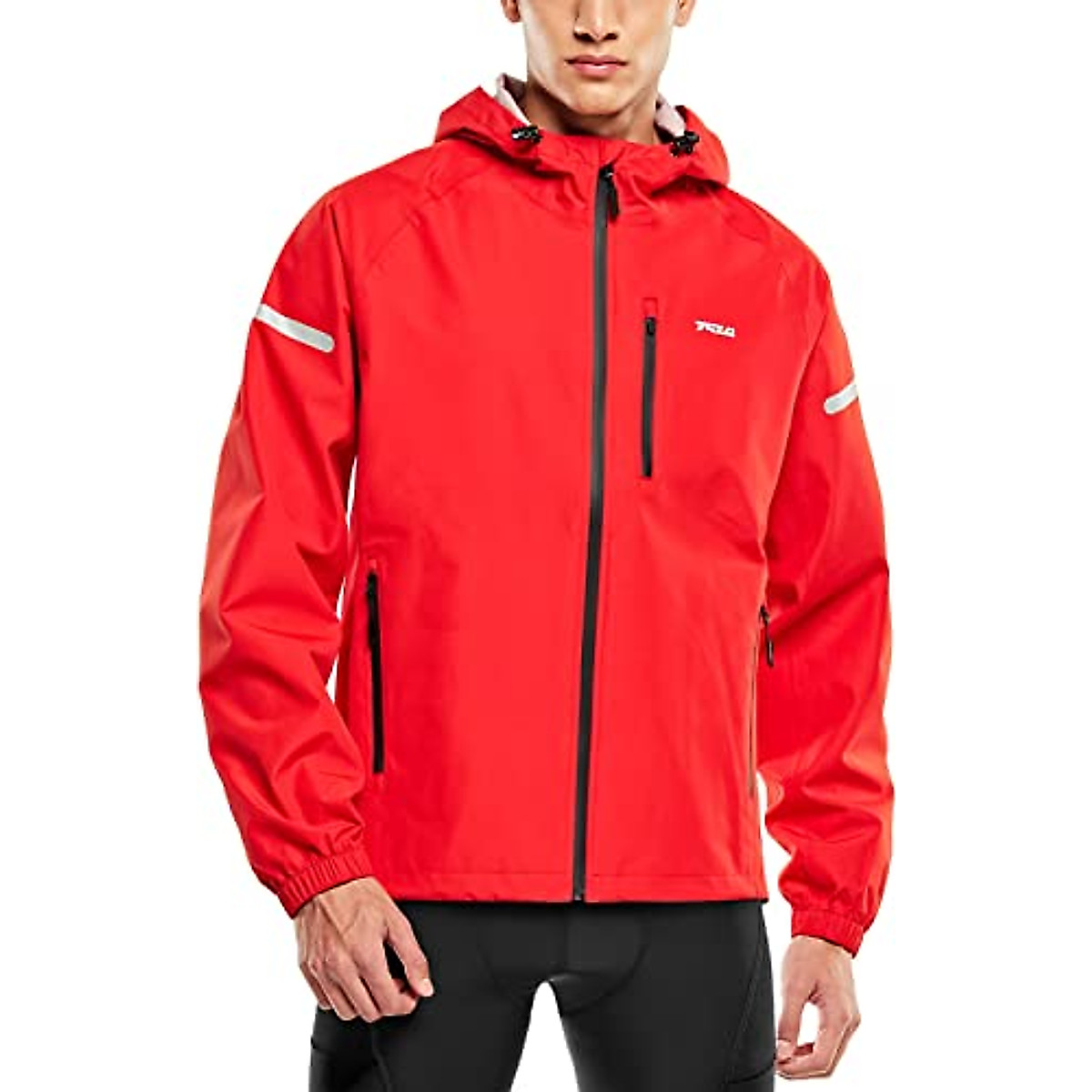 TSLA Men's Cycling Waterproof Jacket, Reflective Hoodie Windbreaker, Packable Bike Rain Jackets with Back Pocket, Cycling Red, Large