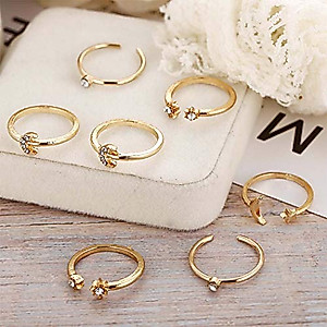 Outyua Boho Rhinstone Knuckle Rings Set Gold Star Moon Stacking Midi Finger Rings Set Bohomian Crystal Statement Joint Knuckle Ring Set for Women 7 Pack