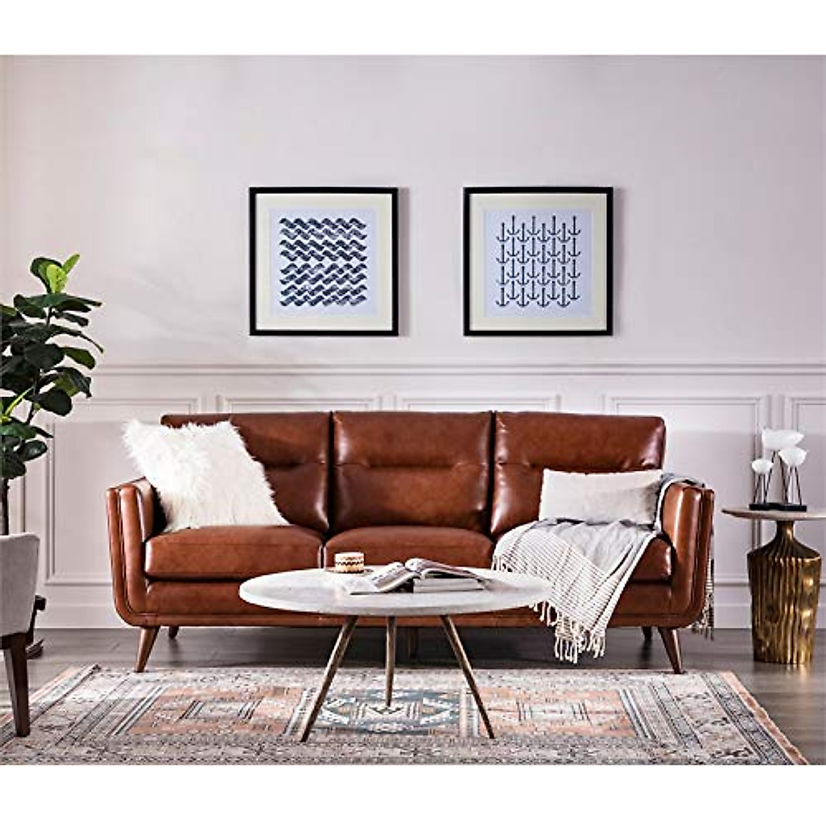 BOWERY HILL Mid Century Top Grain Leather Sofa, 3 Seater Modern Tufted Couch with Wood Legs for Living Room, Camel Brown