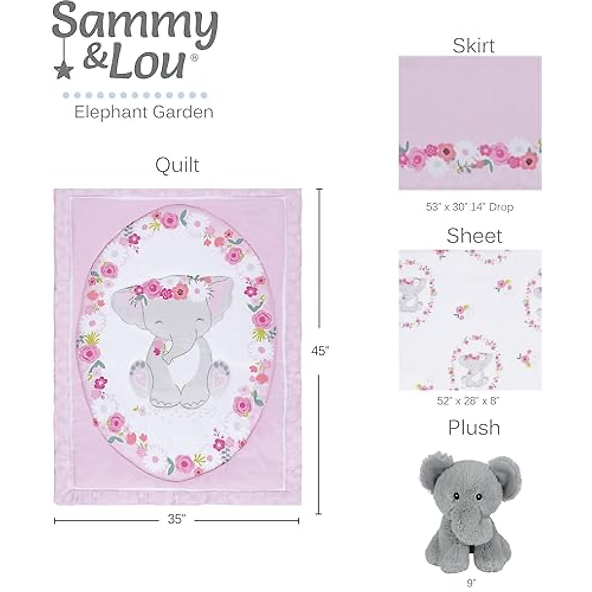 Sammy & Lou Elephant Garden 4-Piece Baby Nursery Crib Bedding Set for Girls, Includes Quilt, Fitted Crib Sheet, Crib Skirt, and Plush Toy