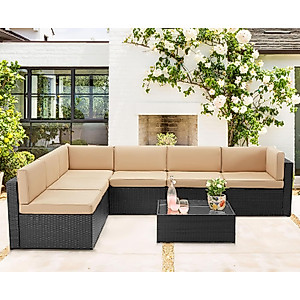 U-MAX 7 Piece Outdoor Patio Furniture Set, PE Rattan Outdoor Wicker Furniture, Outdoor Sectional Furniture Chair Set with Cushions and Tea Table, (Black Rattan&Khaki Cushion)