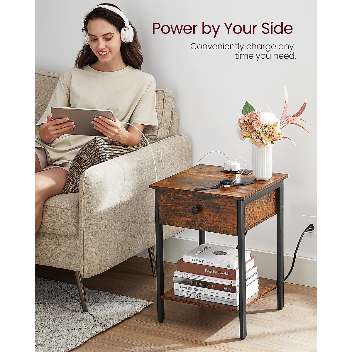 VASAGLE Nightstand with Charging Station, Side Table with Drawer and Open Shelf, End Table, for Bedroom, Easy Assembly, Industrial, Plug-in Series, Rustic Brown and Black ULET513B01