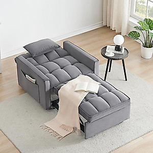 HomJoones Modern Convertible Futon Folding Sofa Bed, 3-in-1 Multi-Functional Sleeper Velvet Chair Bed, Adjustable Backrest into a Sofa Recliner for Living Room Bedroom Apartment Small Space (Grey)