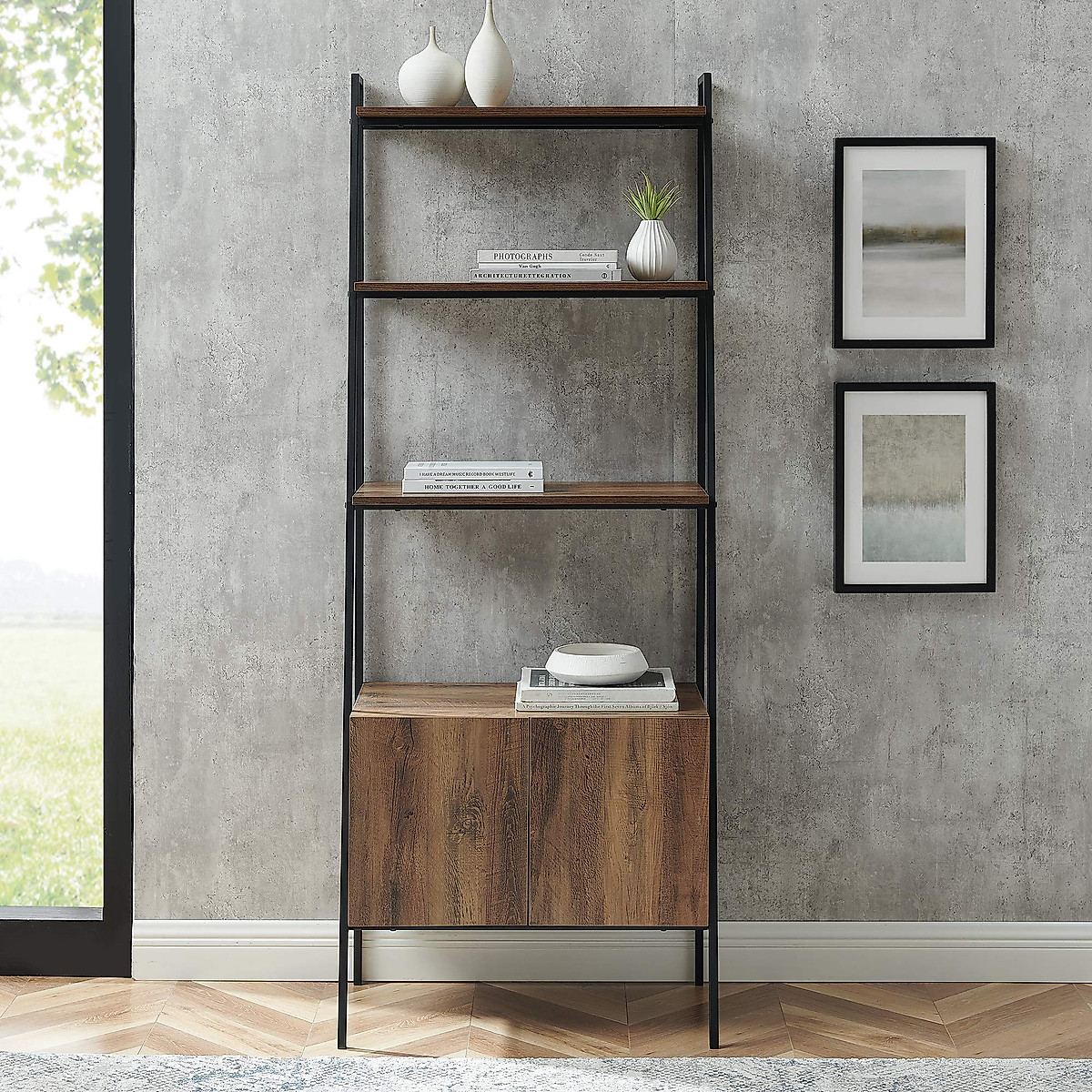 Walker Edison Furniture Company Industrial Modern Ladder Bookcase w/Cabinet, 72 Inch, Reclaimed Barnwood