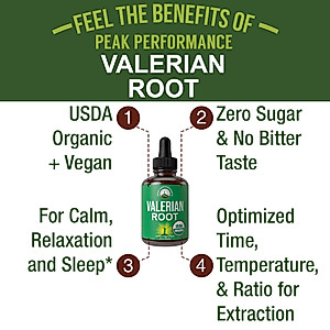 USDA Organic Valerian Root Liquid Drops Supplement. Vegan Extract Tincture for Relaxation, Sleep, Calm. Great Alternative to Valerian Capsules. Zero Sugar, Gluten Free Supplements for Women and Men