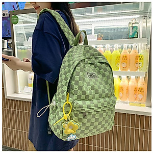 Kawaii Backpack with Cute Duck Pendant, Aesthetic Checkered School Bags BookBag Japanese Ita Bag Daypack (Green), One Size