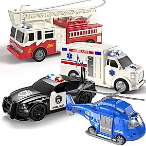 TEMI 4 Pack Emergency Vehicles for Kids, Helicopter, Police Car, Fire Truck, Ambulance Friction Powered Toys for Toddlers, Gifts for Age 3-12 Boys Girls