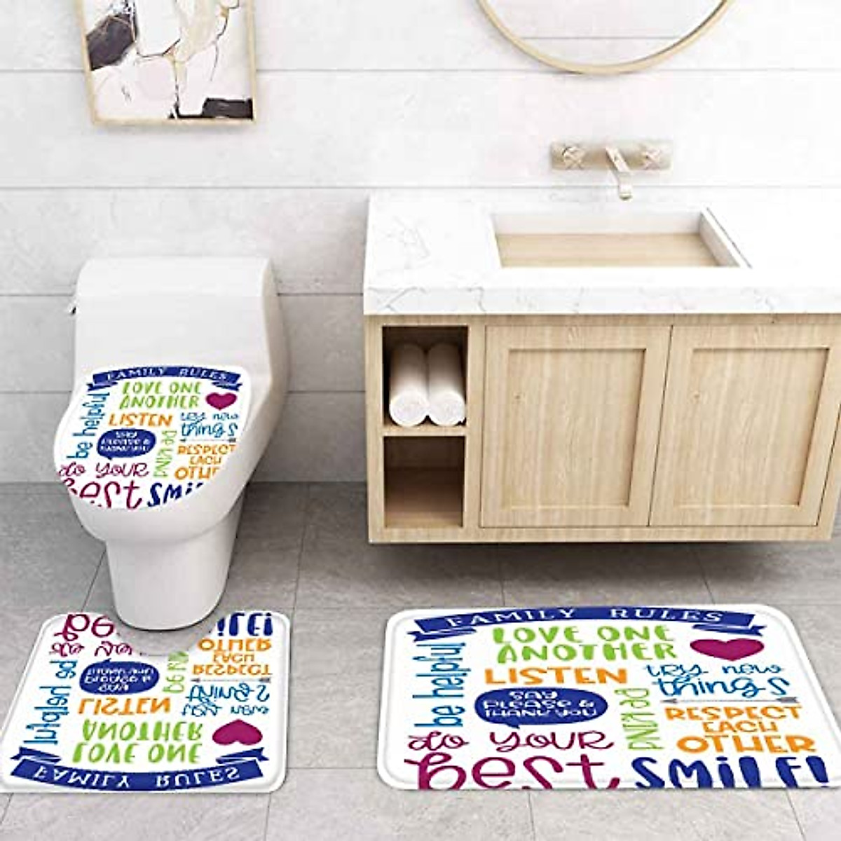4 Pcs Family Rules Shower Curtain Set, Educate Inspirational Quotes Bathroom Sets with Shower Curtain and Rugs, Shower Curtain and Bath Mat, Toilet Lid Cover and U Shaped Rug, 12 Hooks, SETXTSD84