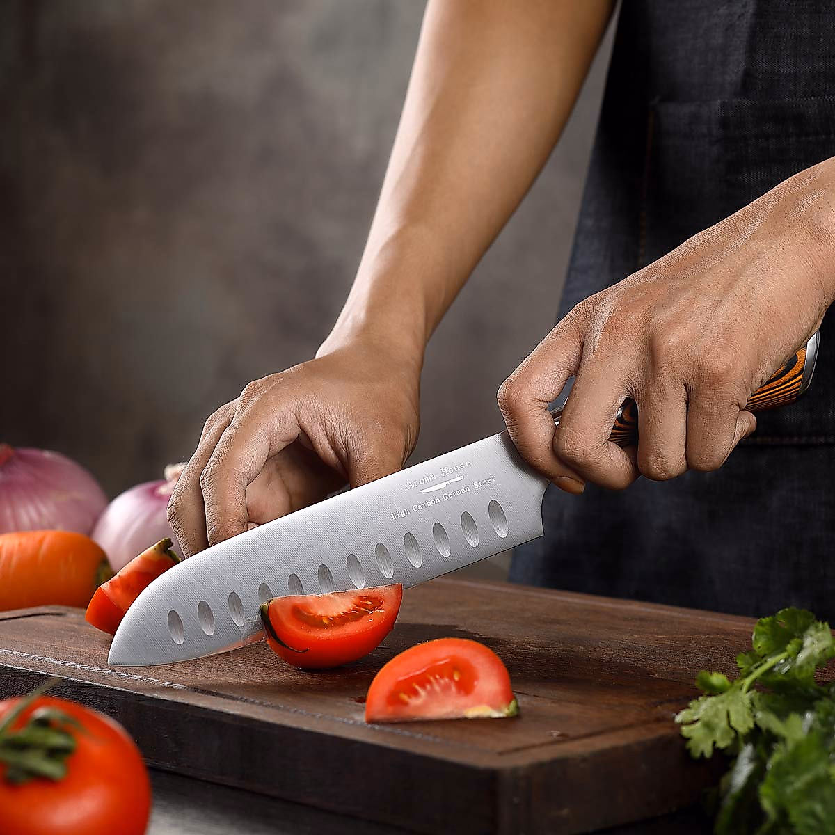 Aroma House Santoku Knife 7 Inch, Kitchen Knife, German High Carbon Stainless Steel,Ergonomic Handle, Ultra Sharp Knife for Kitchen&Restaurant,Christmas Gift